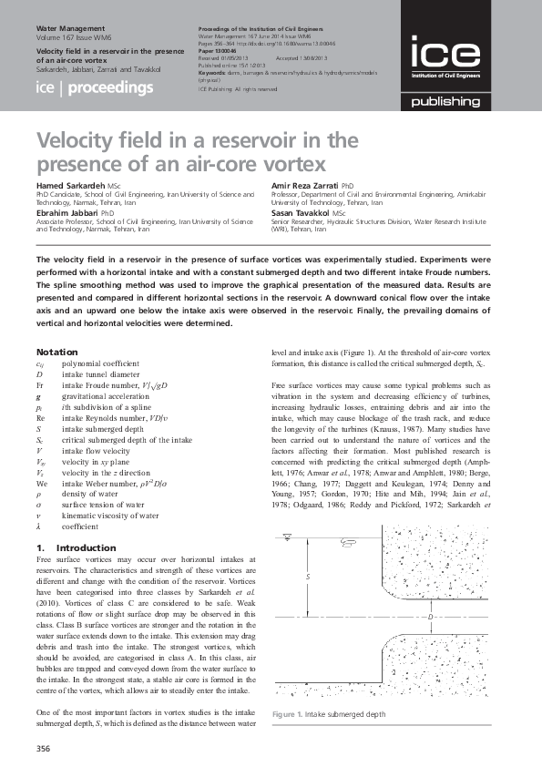 (PDF) Velocity field in a reservoir in the presence of an air-core vortex