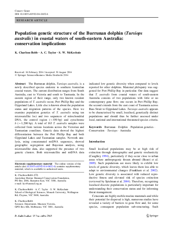 (PDF) Population genetic structure of the Burrunan dolphin (Tursiops ...