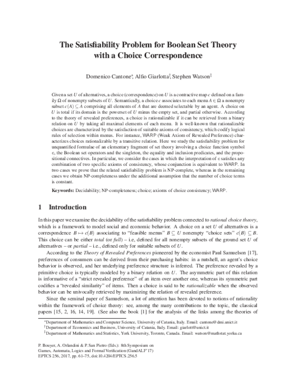 Pdf The Satisfiability Problem For Boolean Set Theory With A Choice Correspondence Alfio
