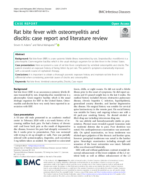 (PDF) Rat bite fever with osteomyelitis and discitis: case report and literature review