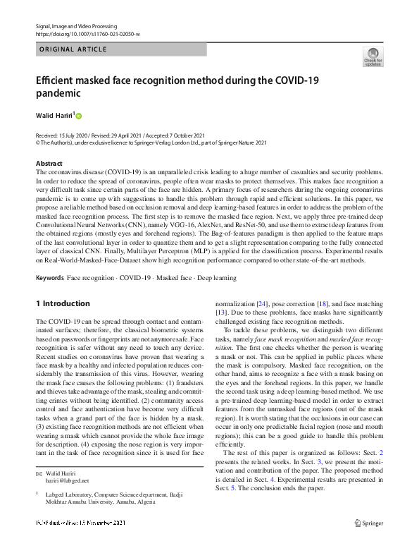 (PDF) Efficient masked face recognition method during the COVID-19 pandemic (PDF) Efficient masked face recognition method during the COVID-19 pandemic