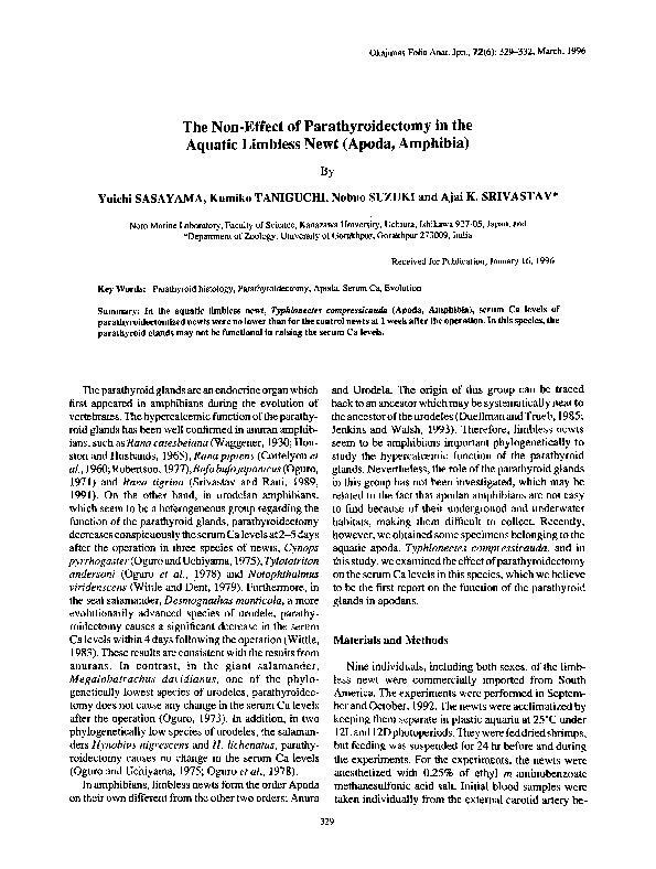 (PDF) The Non-Effect of Parathyroidectomy in the Aquatic Limbless Newt ...