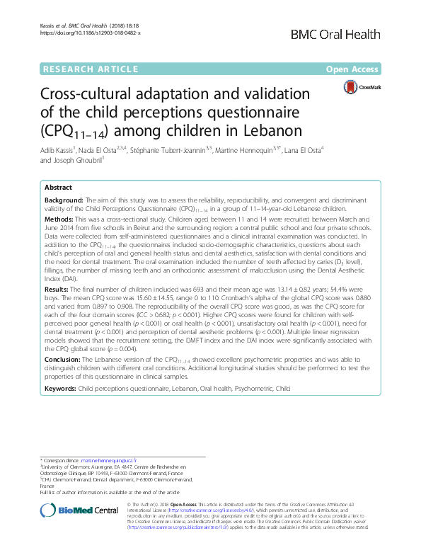 (PDF) Cross-cultural adaptation and validation of the child perceptions questionnaire (CPQ11–14 ...