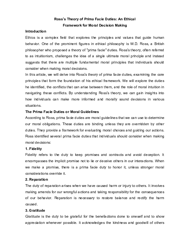 (DOC) Ross's Theory of Prima Facie Duties: An Ethical Framework for ...