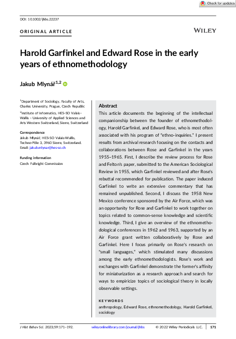 (PDF) Harold Garfinkel and Edward Rose in the early years of ...