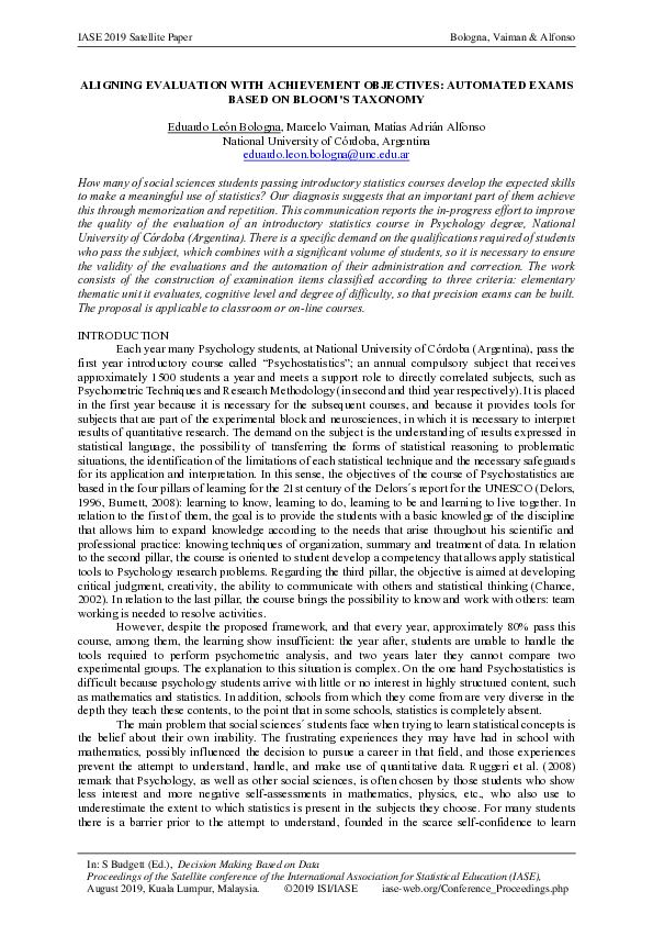 (PDF) Aligning evaluation with achievement objectives: automated exams based on bloom's taxonomy