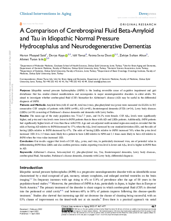 (PDF) A Comparison of Cerebrospinal Fluid Beta-Amyloid and Tau in Idiopathic Normal Pressure ...