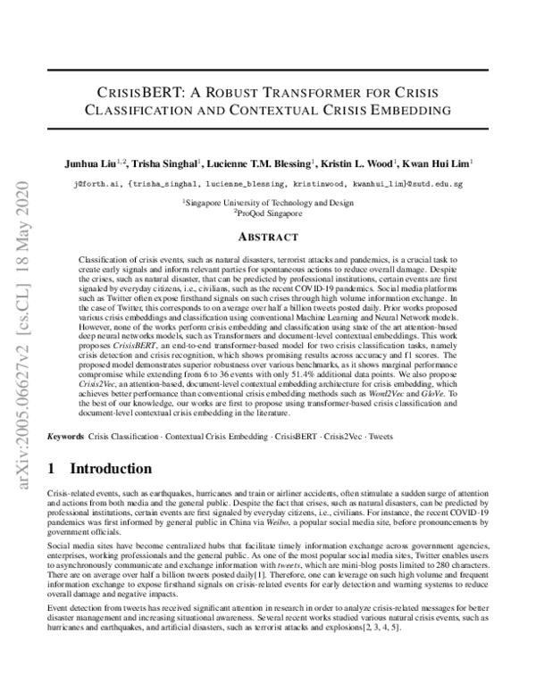 (PDF) CrisisBERT: a Robust Transformer for Crisis Classification and Contextual Crisis Embedding