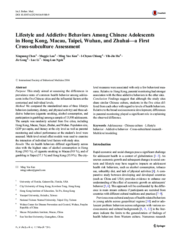(PDF) Lifestyle and Addictive Behaviors Among Chinese Adolescents in ...