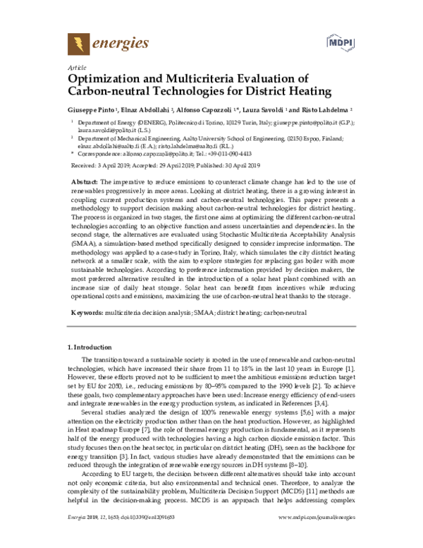 (PDF) Optimization and Multicriteria Evaluation of Carbon-neutral Technologies for District Heating