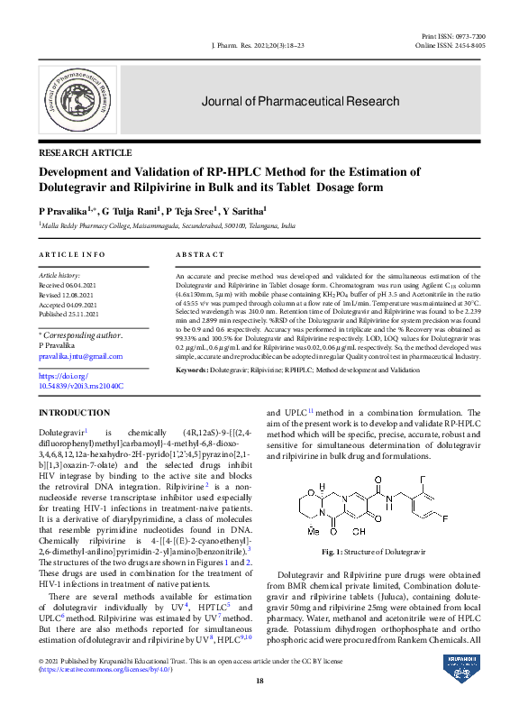 Pdf Development And Validation Of Rp Hplc Method For The Estimation Of Dolutegravir And
