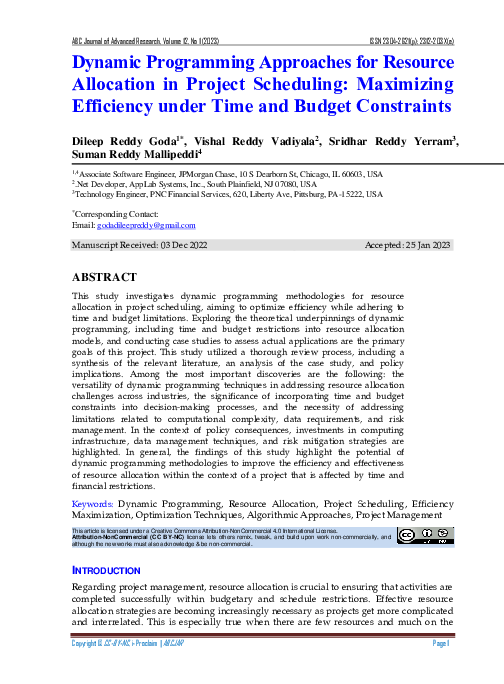 (PDF) Dynamic Programming Approaches for Resource Allocation in Project Scheduling: Maximizing ...