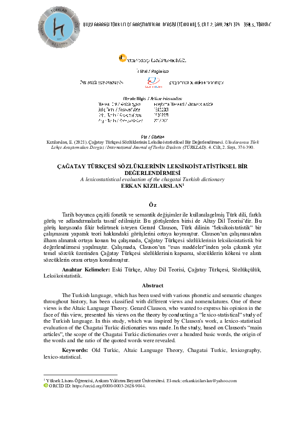 (PDF) Çağatay Türkçesi̇ Sözlükleri̇ni̇n Leksi̇koi̇stati̇sti̇ksel Bi̇r ...