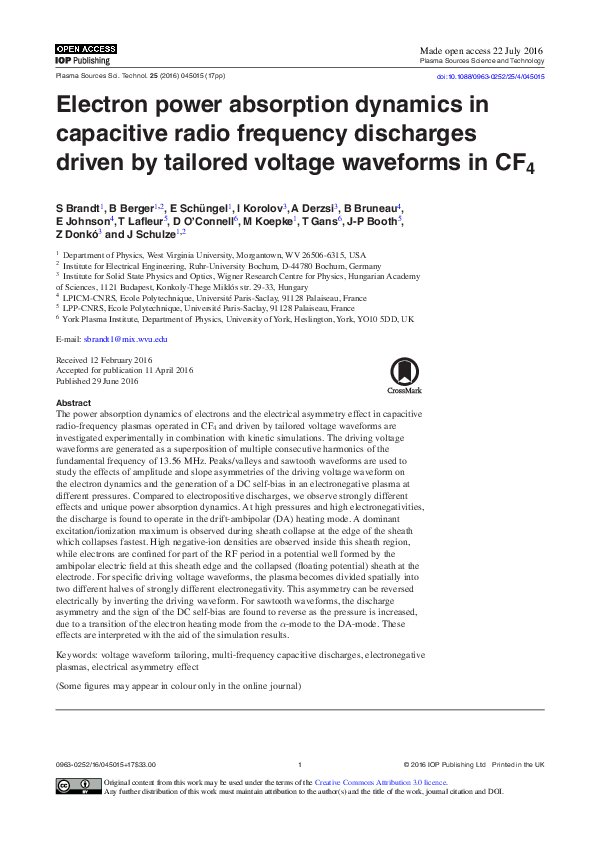 (PDF) Electron power absorption dynamics in capacitive radio frequency ...