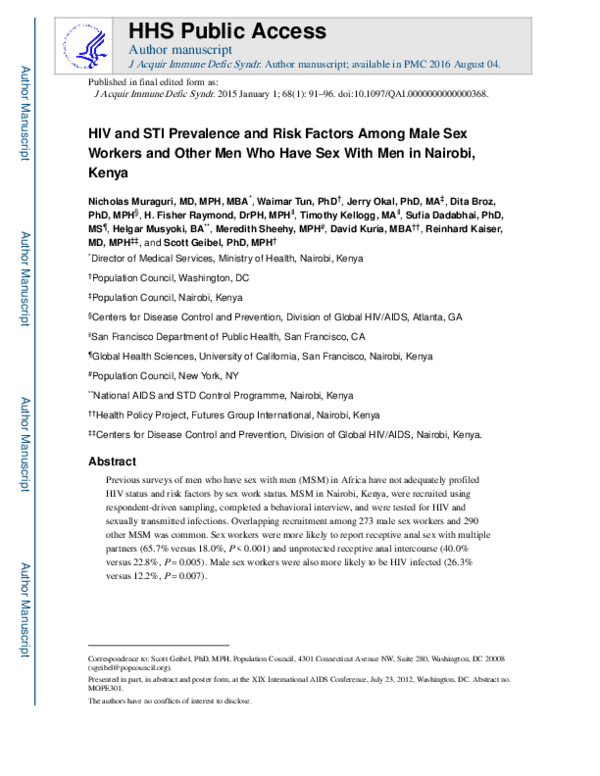 Pdf Hiv And Sti Prevalence And Risk Factors Among Male Sex Workers