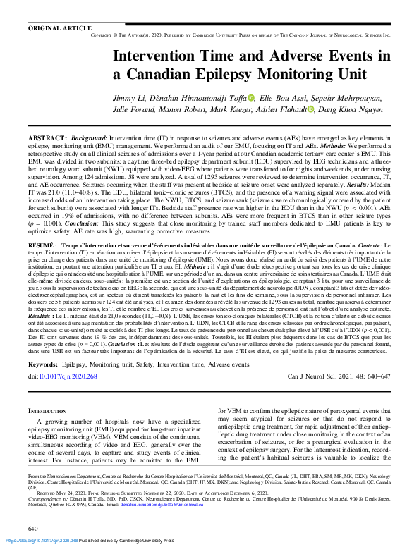 (PDF) Intervention Time and Adverse Events in a Canadian Epilepsy ...