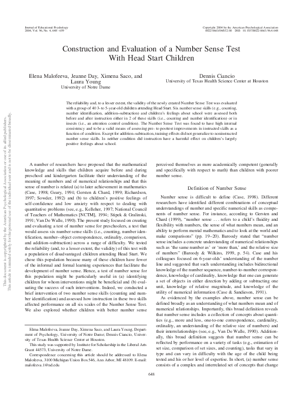 (PDF) Construction and Evaluation of a Number Sense Test With Head ...