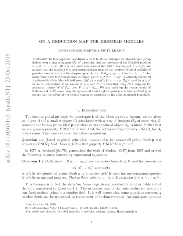 (PDF) On a reduction map for Drinfeld modules