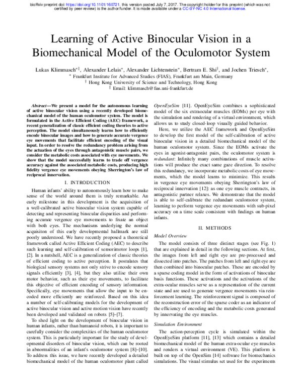 (PDF) Learning of Active Binocular Vision in a Biomechanical Model of the Oculomotor System