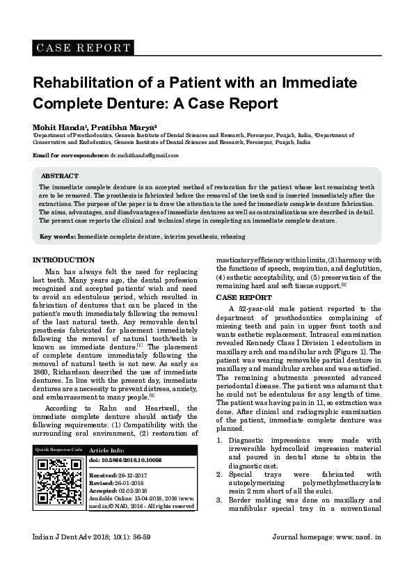 (PDF) Rehabilitation of a Patient with an Immediate Complete Denture: A ...