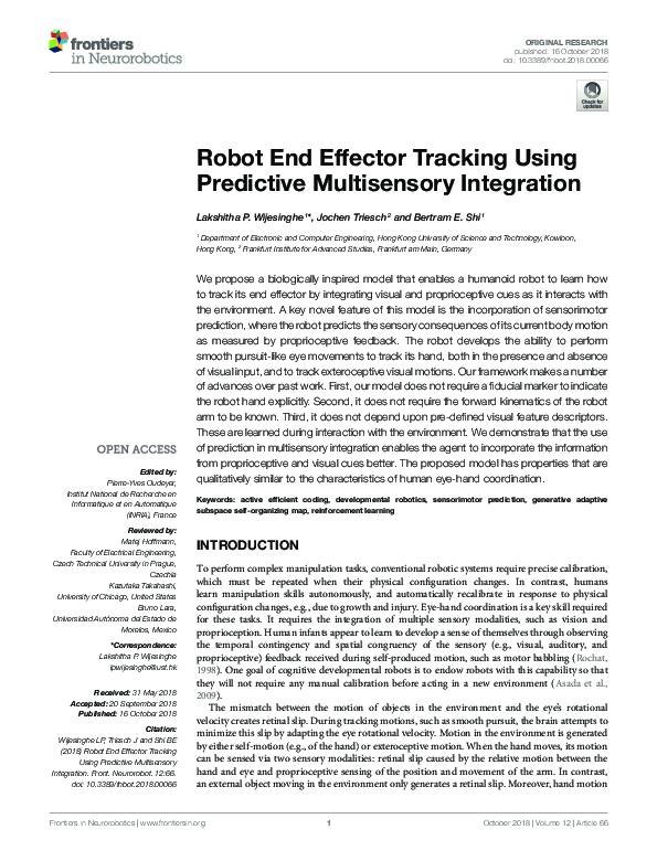 (PDF) Robot End Effector Tracking Using Predictive Multisensory Integration | Jochen Triesch ...