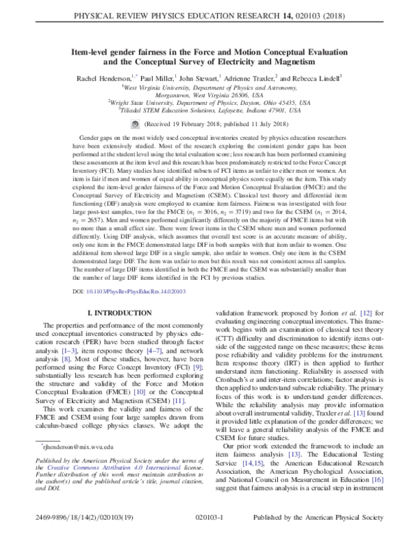 (PDF) Item-level gender fairness in the Force and Motion Conceptual Evaluation and the ...