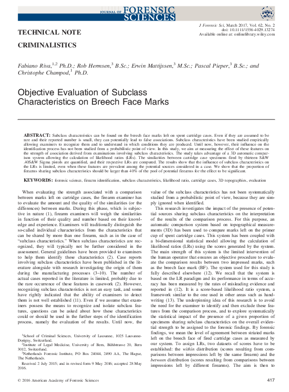 (PDF) Objective Evaluation of Subclass Characteristics on Breech Face Marks