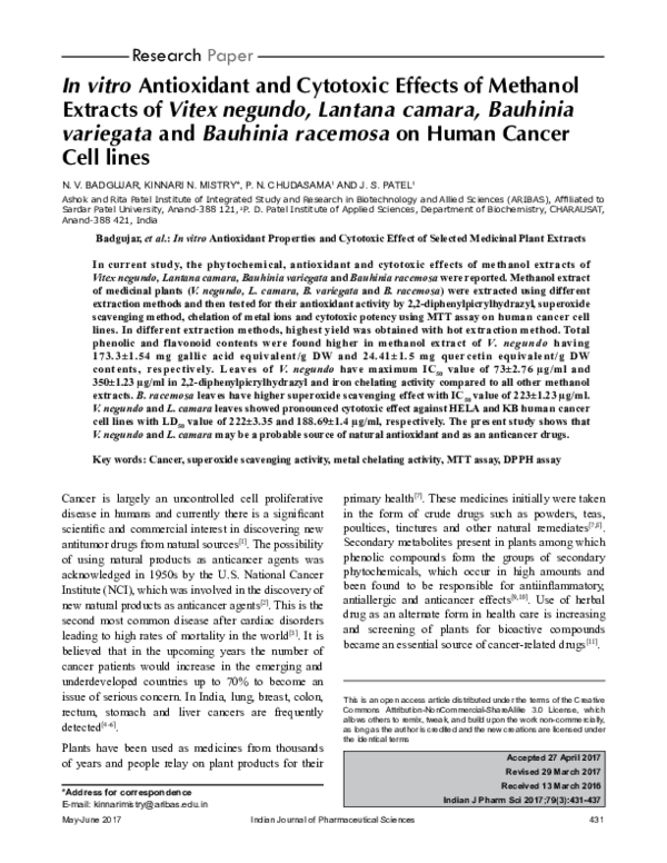 (PDF) In vitro Antioxidant and Cytotoxic Effects of Methanol Extracts of Vitex negundo, Lantana ...