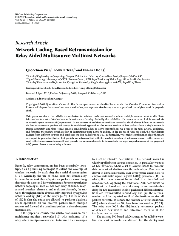Pdf Network Coding Based Retransmission For Relay Aided Multisource Multicast Networks Een