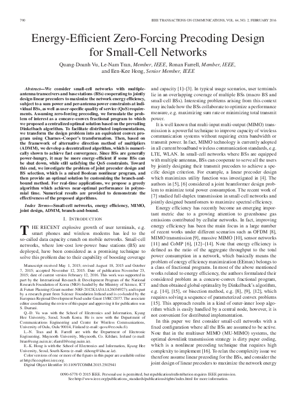 (PDF) Energy-Efficient Zero-Forcing Precoding Design for Small-cell Networks | Een Hong ...