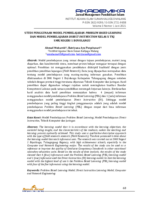 (PDF) Studi Penggunaan Model Pembelajaran Problem Based Learning Dan ...