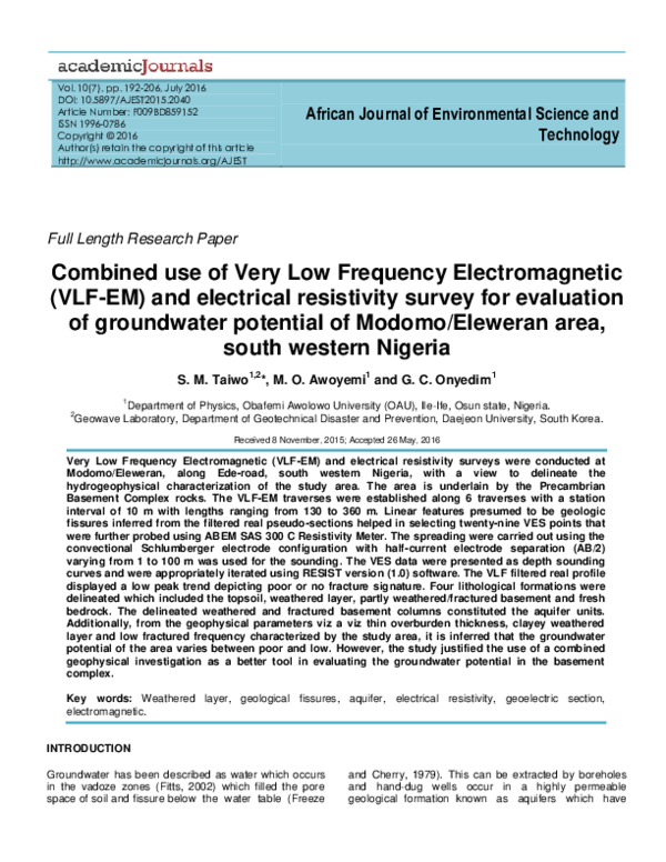(PDF) Combined use of Very Low Frequency Electromagnetic (VLF-EM) and ...