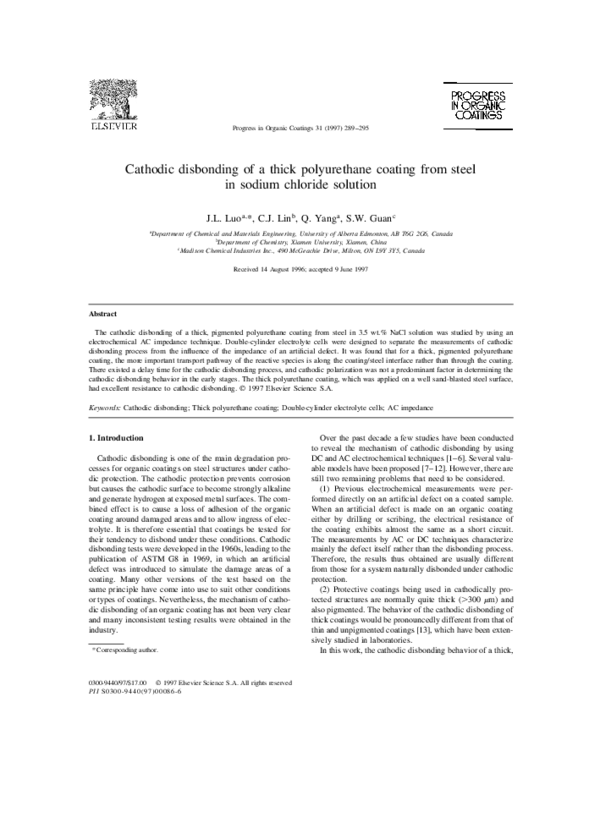 (PDF) Cathodic disbonding of a thick polyurethane coating from steel in ...