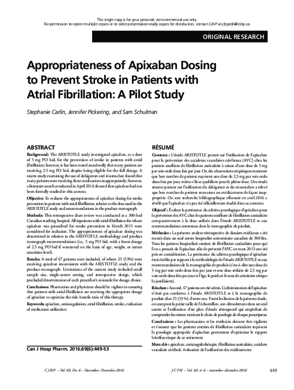 (PDF) Appropriateness of Apixaban Dosing to Prevent Stroke in Patients ...