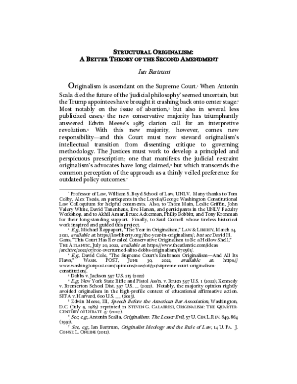 (PDF) STRUCTURAL ORIGINALISM: A BETTER THEORY OF THE SECOND AMENDMENT