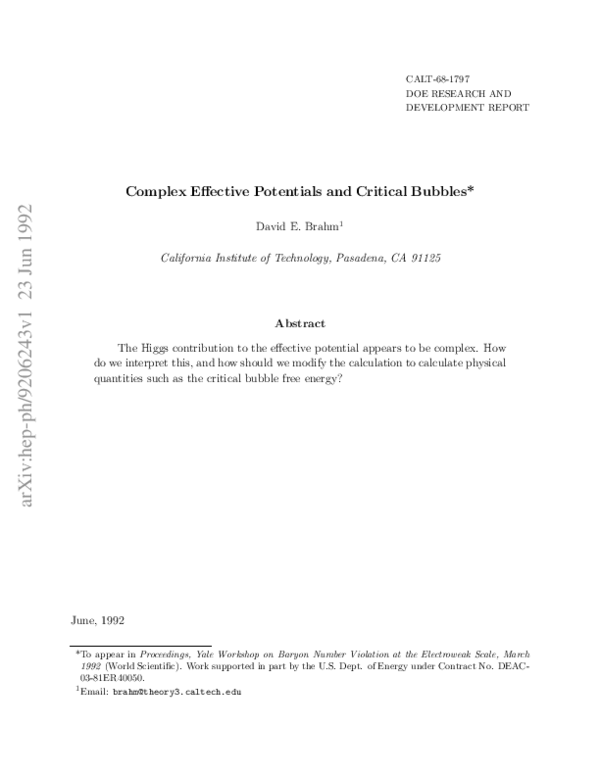(PDF) Complex Effective Potentials and Critical Bubbles | David Brahm ...