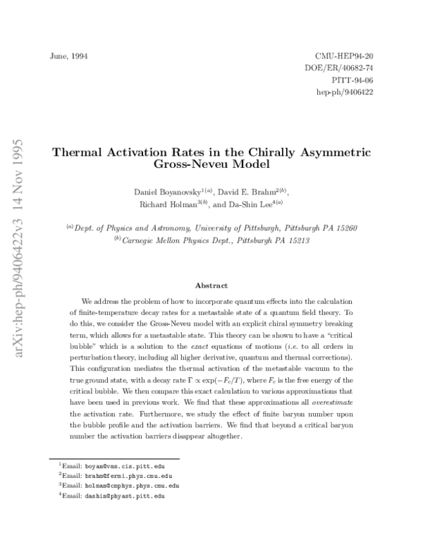 (PDF) Thermal activation rates in the chirally asymmetric Gross-Neveu model