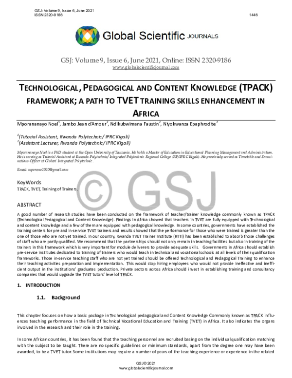 (PDF) TECHNOLOGICAL, PEDAGOGICAL AND CONTENT KNOWLEDGE (TPACK) FRAMEWORK; A PATH TO TVET ...