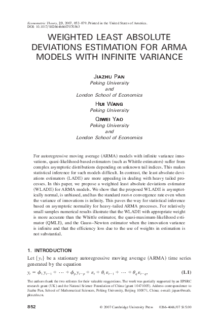 (PDF) Weighted Least Absolute Deviations Estimation for Arma Models with Infinite Variance