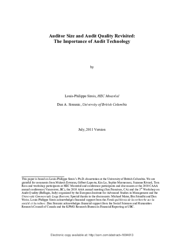 (PDF) Auditor Size and Audit Quality Revisited: The Importance of Audit Technology