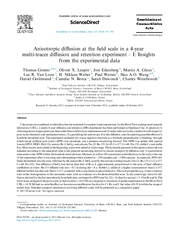 (PDF) Anisotropic diffusion at the field scale in a 4-year multi-tracer diffusion and retention ...