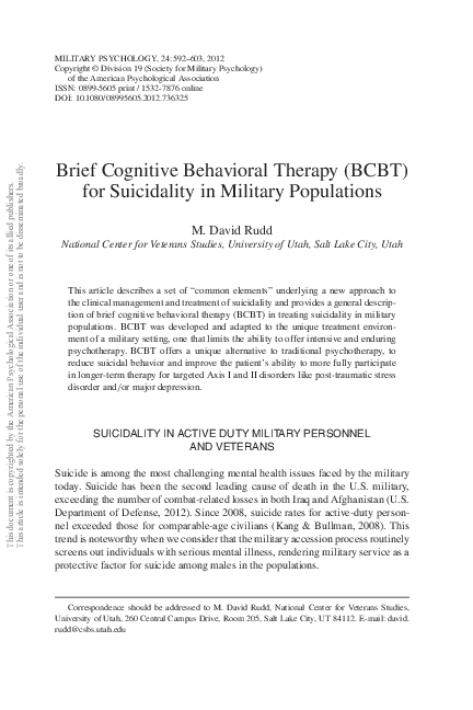 (PDF) Brief Cognitive Behavioral Therapy (BCBT) for Suicidality in Military Populations