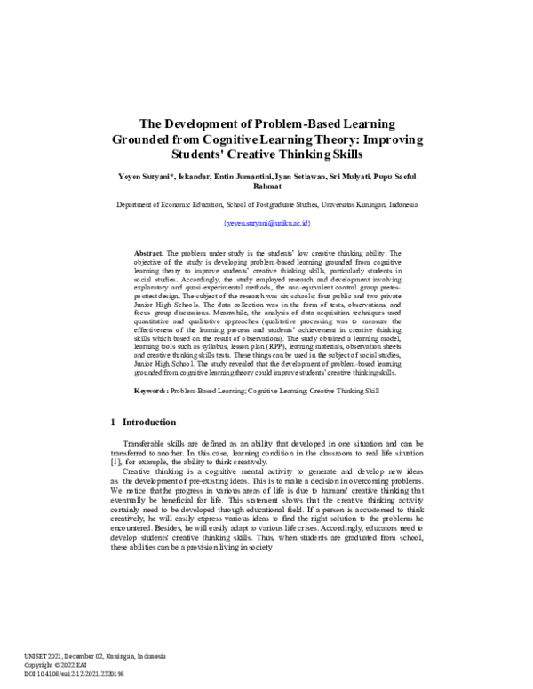 (PDF) The Development of Problem-Based Learning Grounded from Cognitive Learning Theory ...