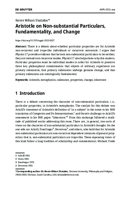 (PDF) Aristotle on Non-Substantial Particulars, Fundamentality, and Change