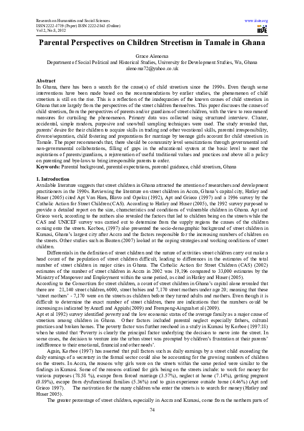 (PDF) Parental Perspectives on Children Streetism in Tamale in Ghana