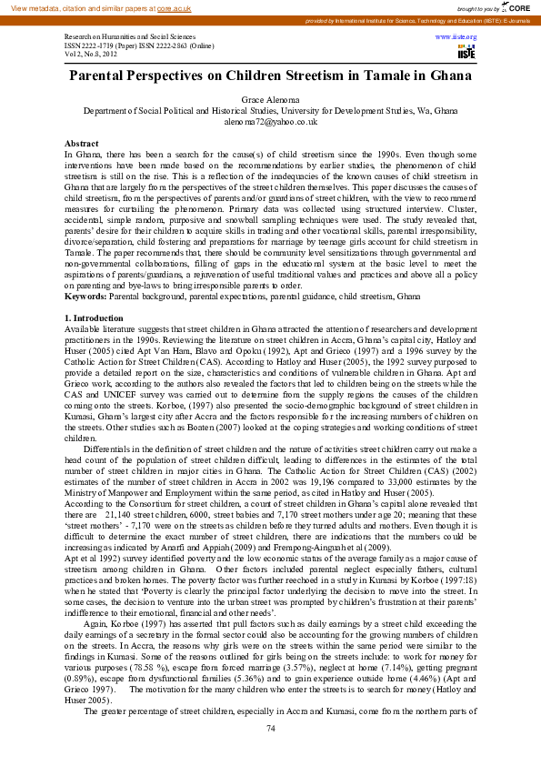 (PDF) Parental Perspectives on Children Streetism in Tamale in Ghana