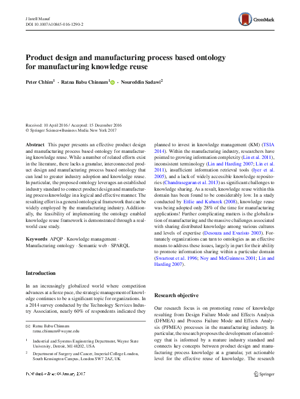 (PDF) Product design and manufacturing process based ontology for manufacturing knowledge reuse