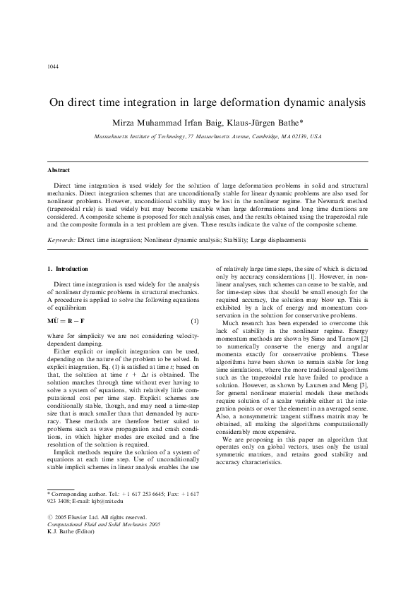 (PDF) On direct time integration in large deformation dynamic analysis