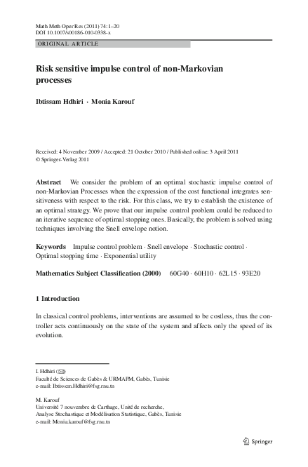 (PDF) Risk sensitive impulse control of non-Markovian processes