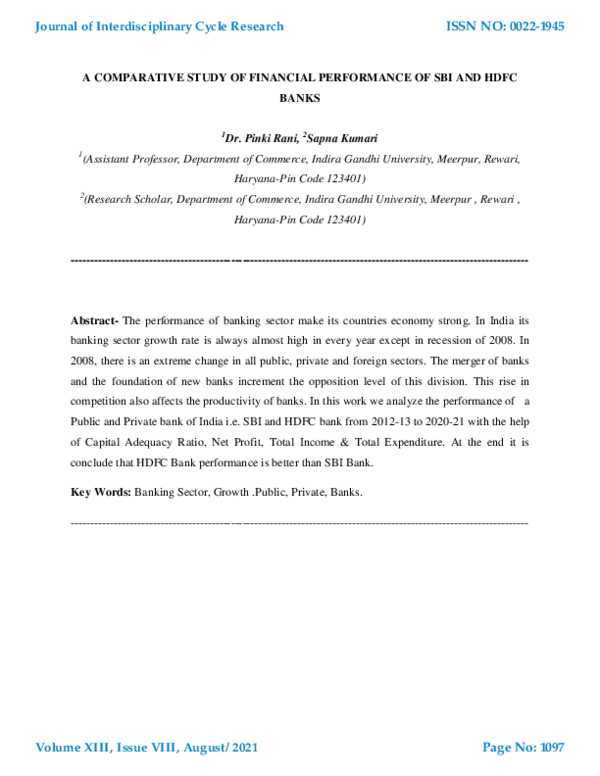 (PDF) A COMPARATIVE STUDY OF FINANCIAL PERFORMANCE OF SBI AND HDFC BANKS